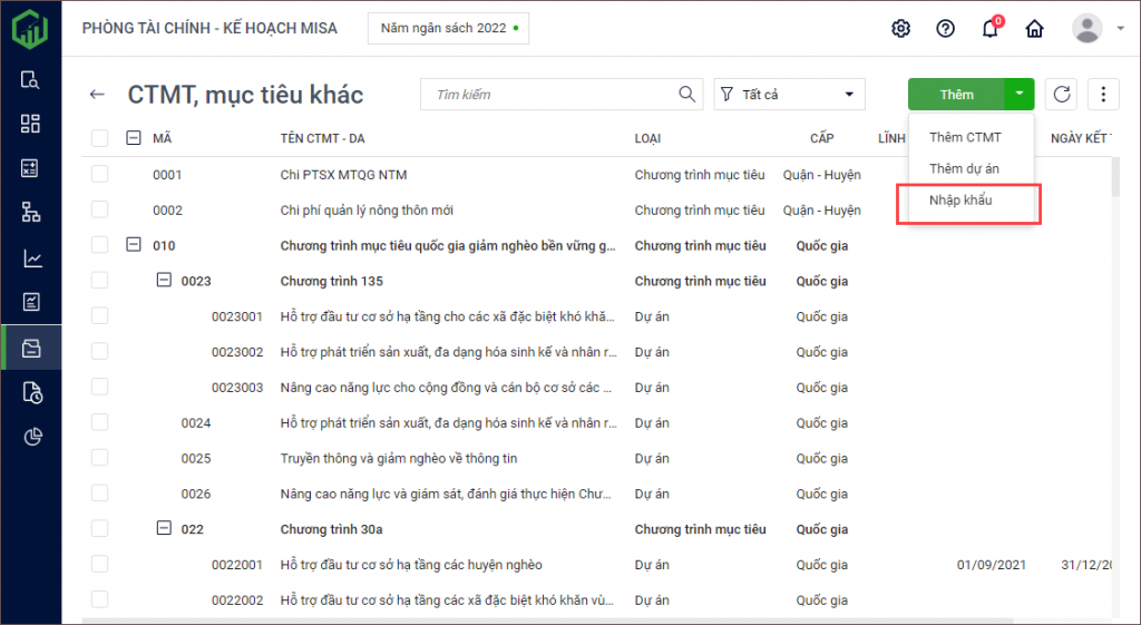 Danh mục CTMT, mục tiêu khác – Help MISA Bumas – Kiểm toán nhà nước